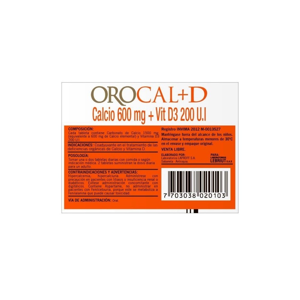 OROCAL D 600MG +D3 200UI *30 TABLETAS MASTICABLE